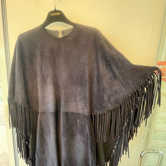 Valentino | Dresses | Valentino Runway Midnight Suede Blue Fringed Mini ...
